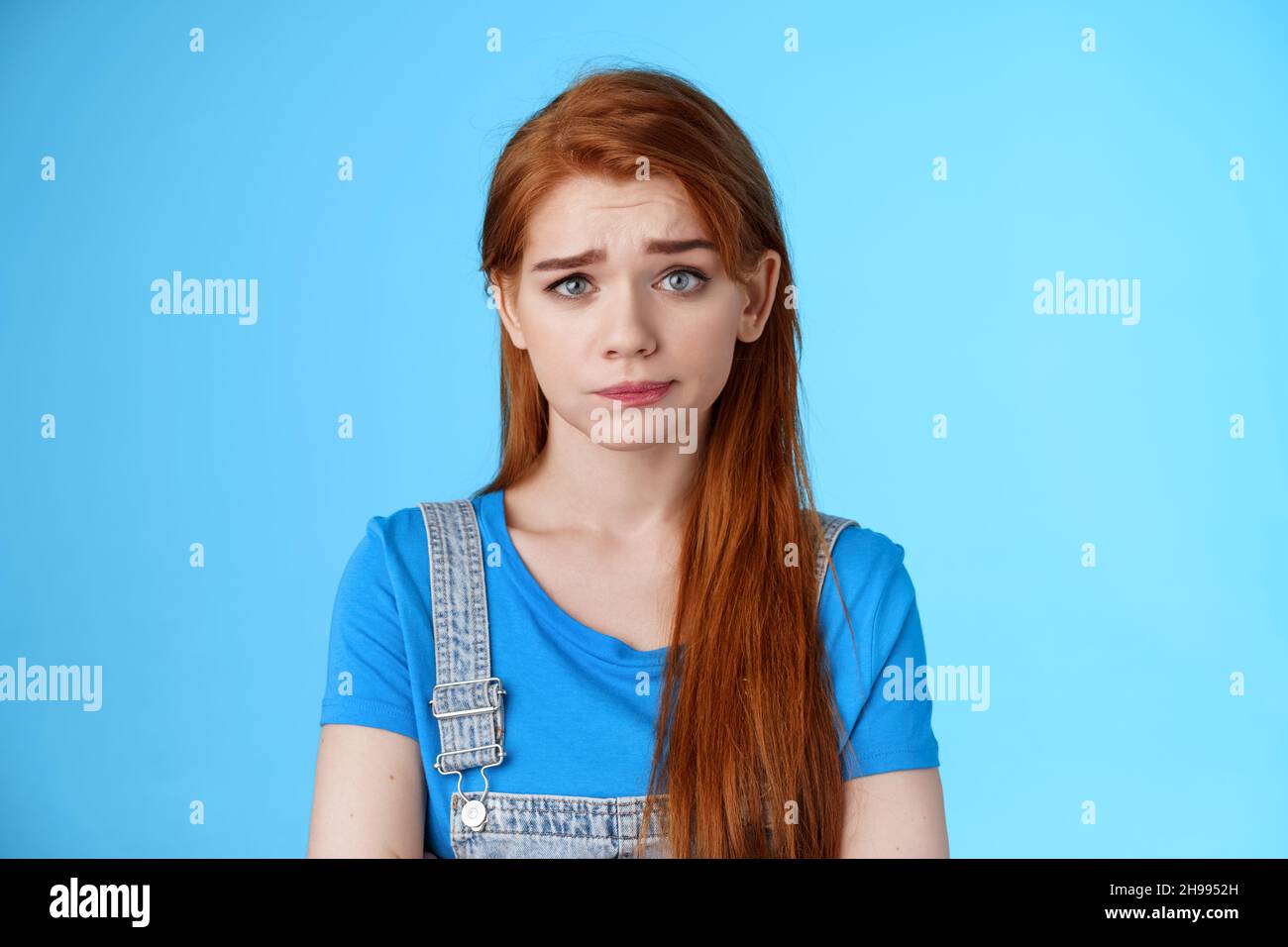 Doubtful questioned girlfriend look camera full disbelief, raise ...