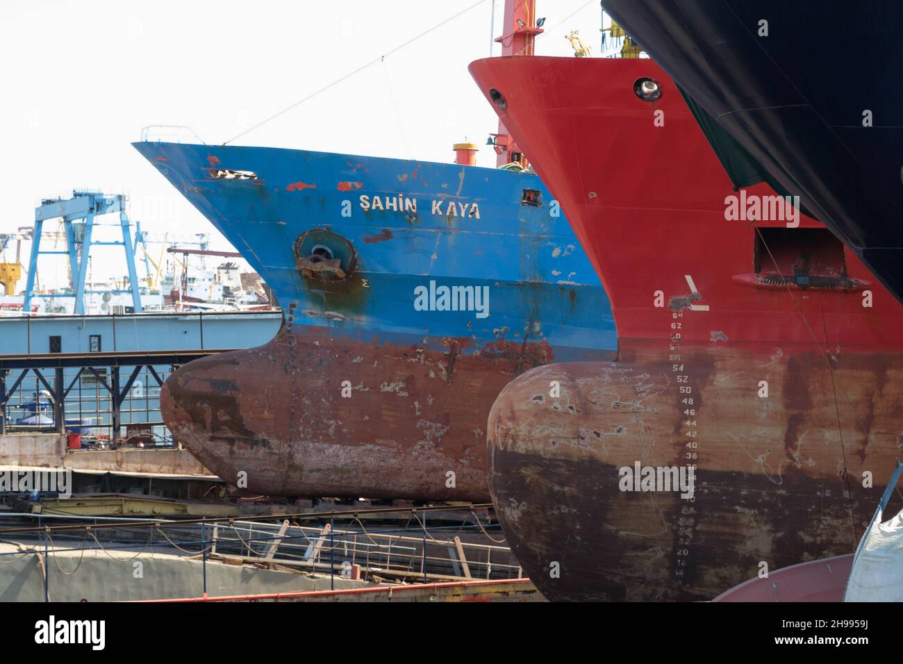 Istanbul, Turkey - July 15, 2021: Red and blue ship in maintenance at ...