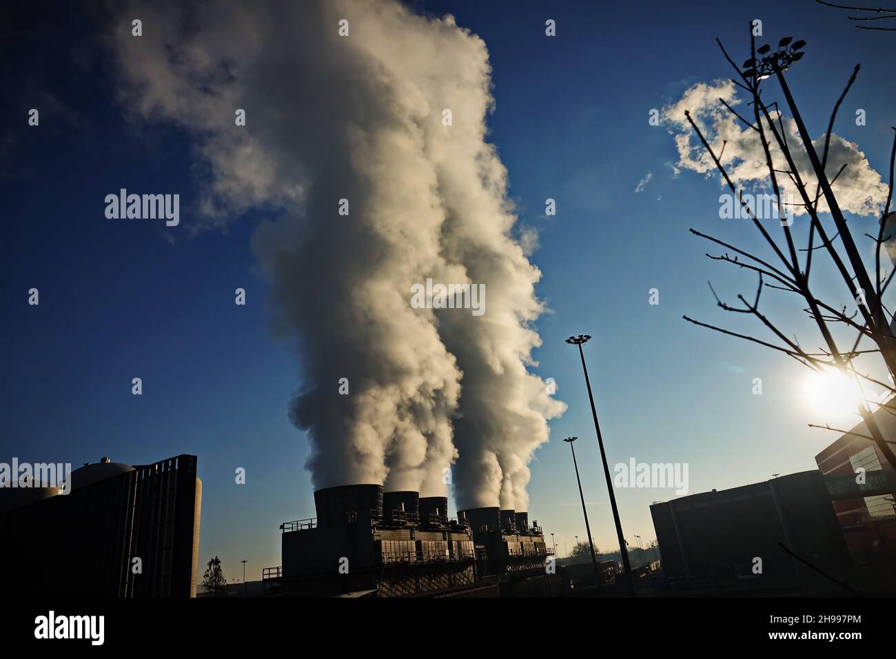 Factory chimneys with smoke emission. Industrial factory pollution ...