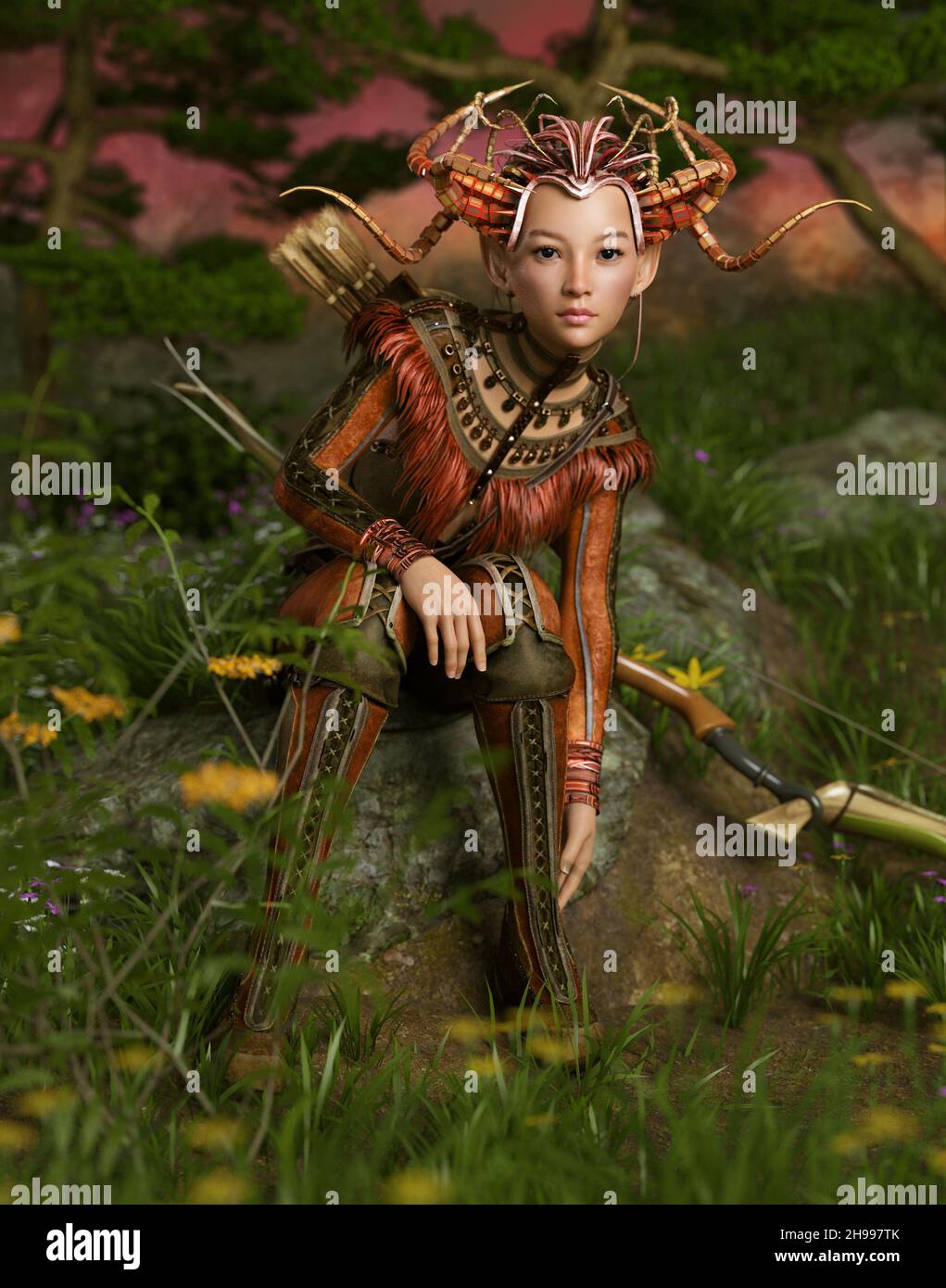 3d computer graphics of a fairy with headdress, bow and arrows Stock ...