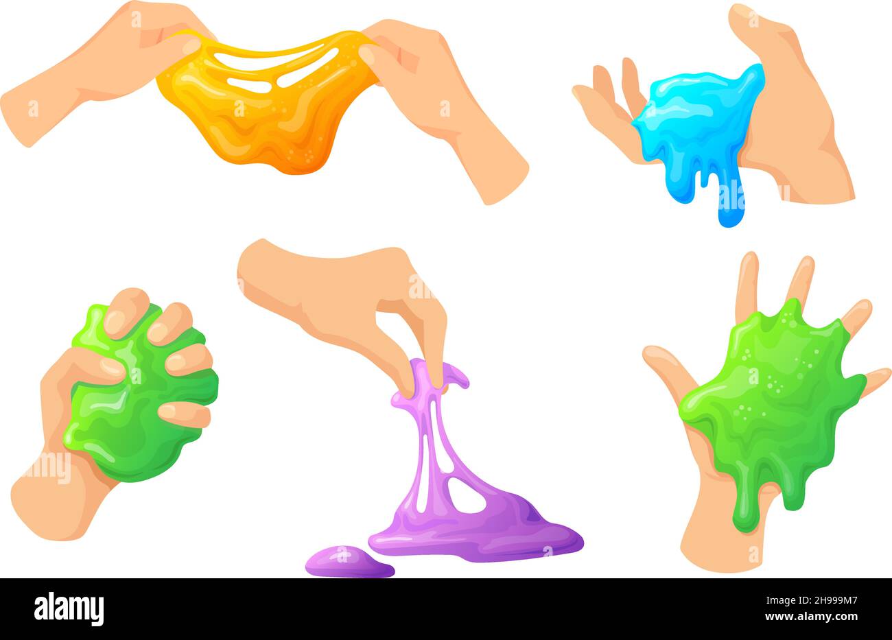 Hand holding slime. Homemade kids toy mucus between fingers hands ...