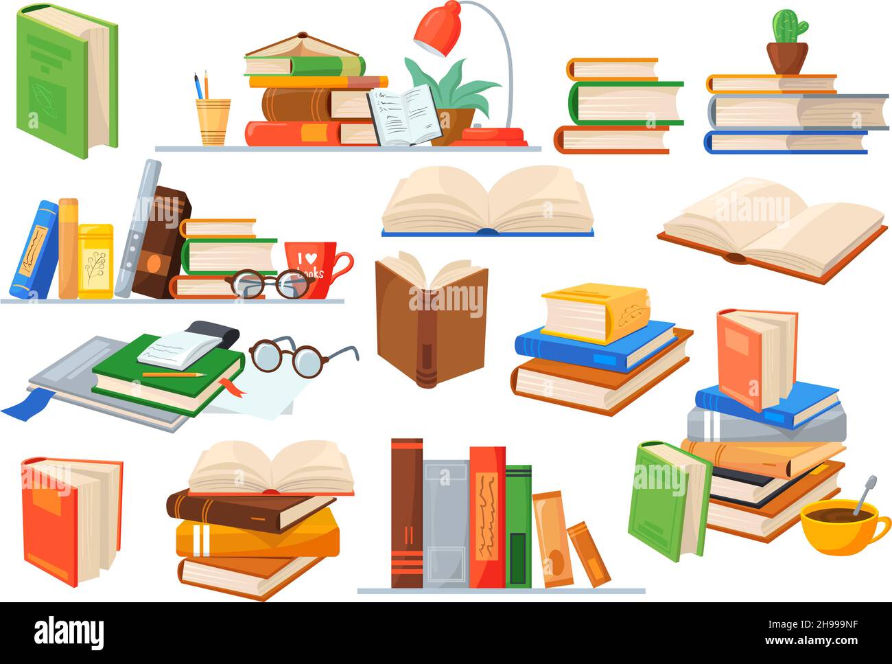 Cartoon pile textbooks. Stacks school books bookmarks, book study read ...