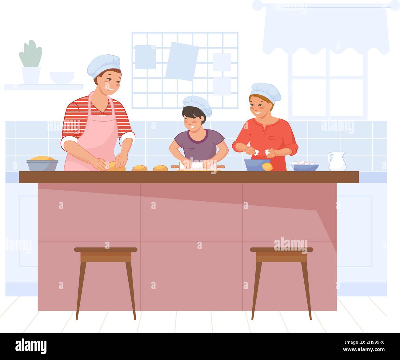 Mother cooking dough. Happy daughter and son cook kitchen, child making ...