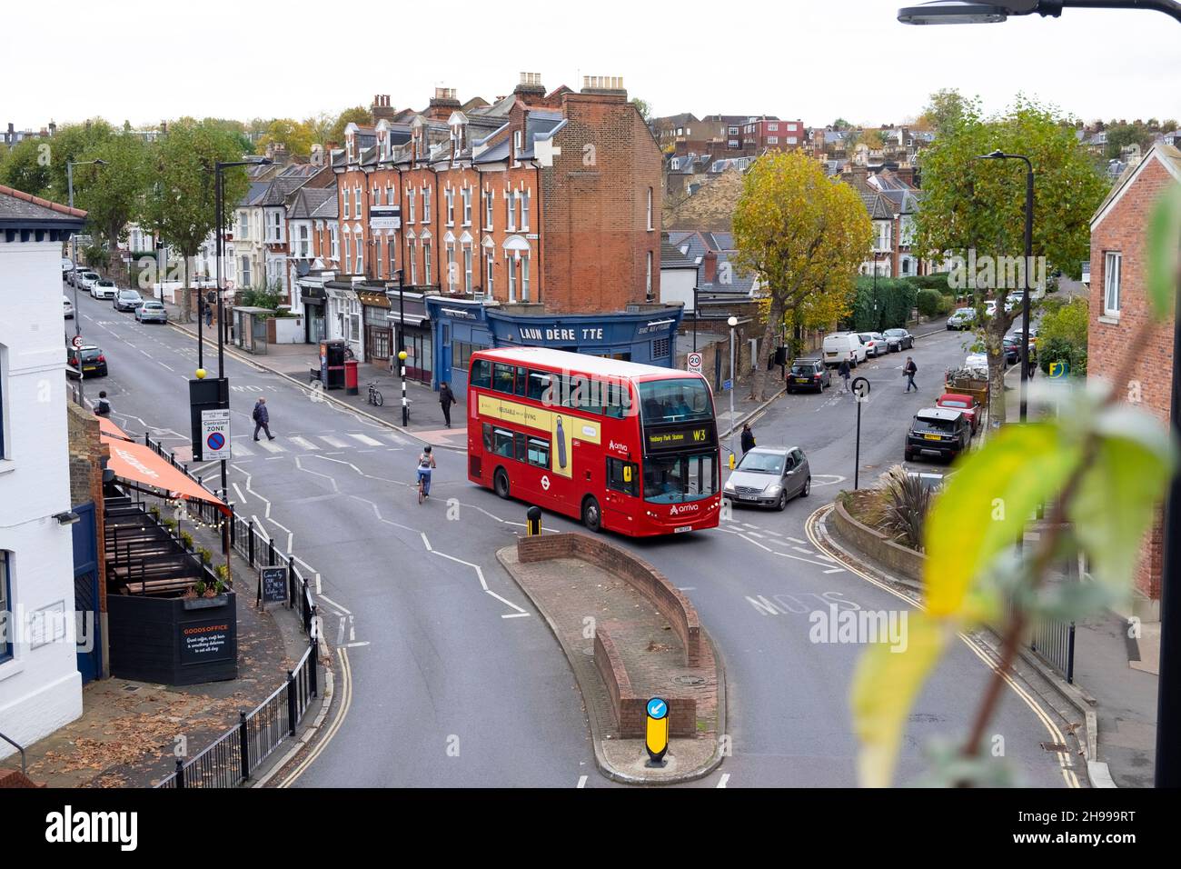 High view of W3 red double decker bus at Ferme Park Road and Stapleton ...