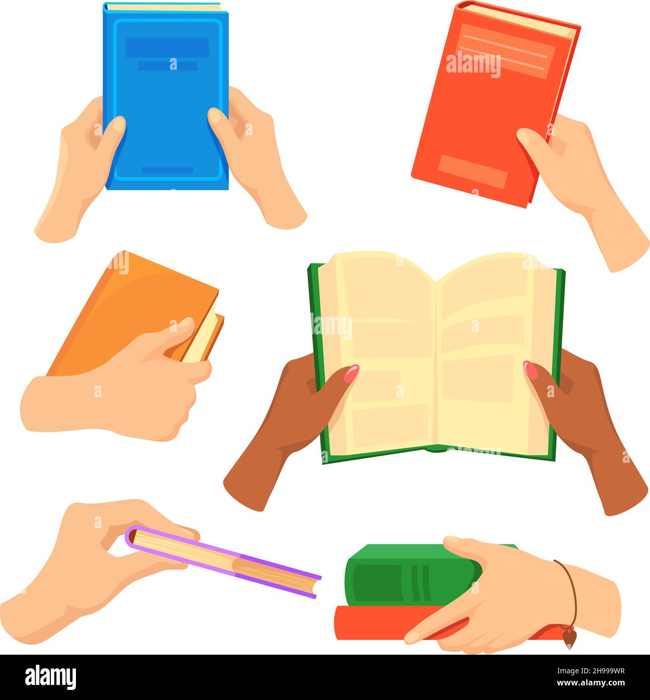 Hands holding books. Book in reader hand, arm with textbook, reading ...