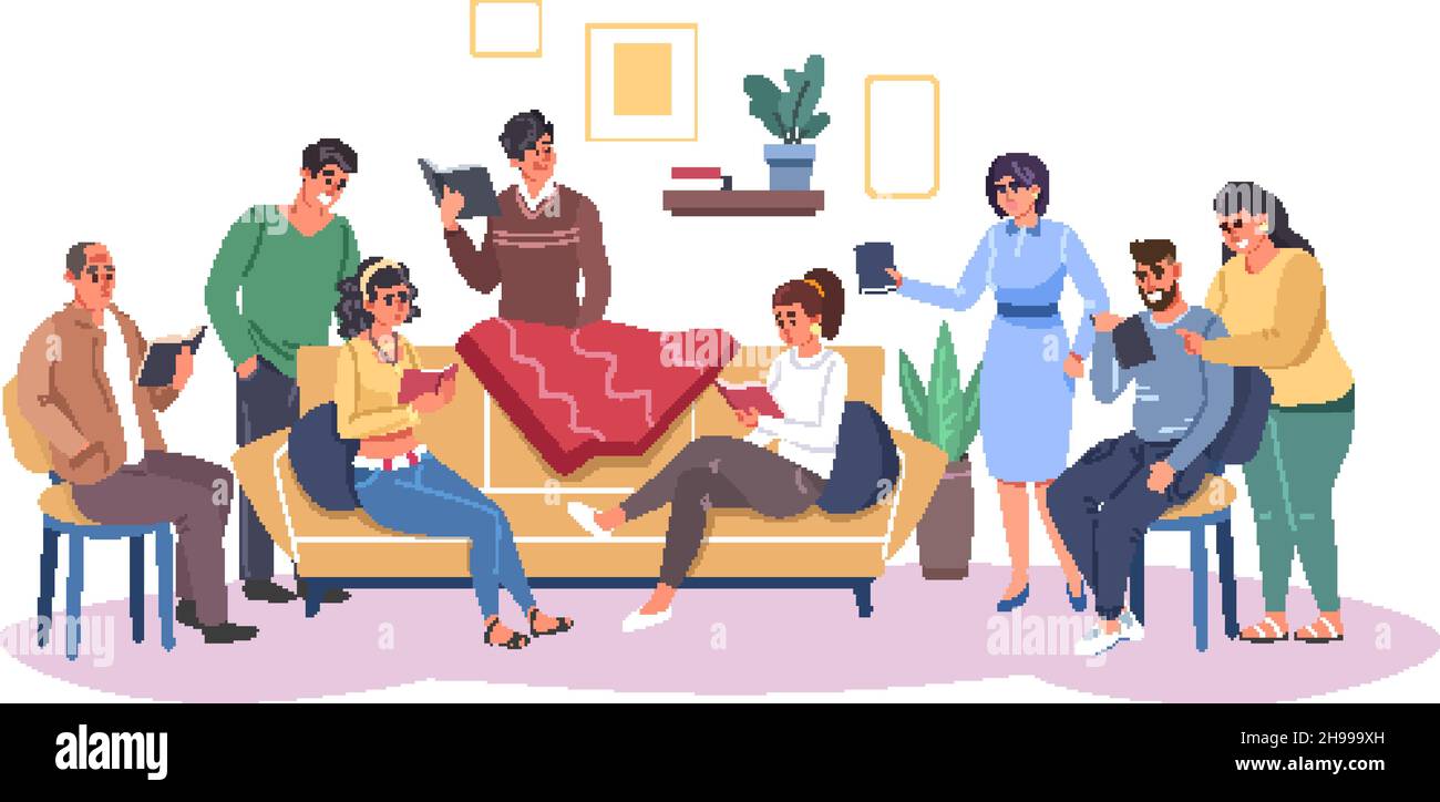 Group readers. People reading books together, Young man and woman read ...