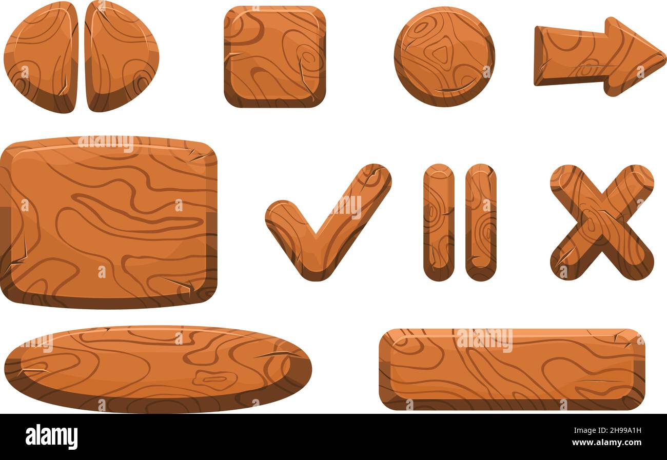 Game wood buttons. Wooden arrow 2d panel plank menu, ui interface, sign ...