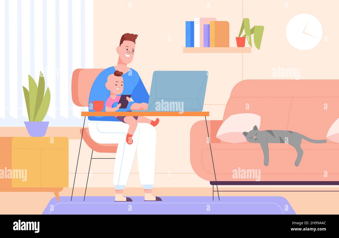 Father remote work. Busy parent working at computer with kid in home ...