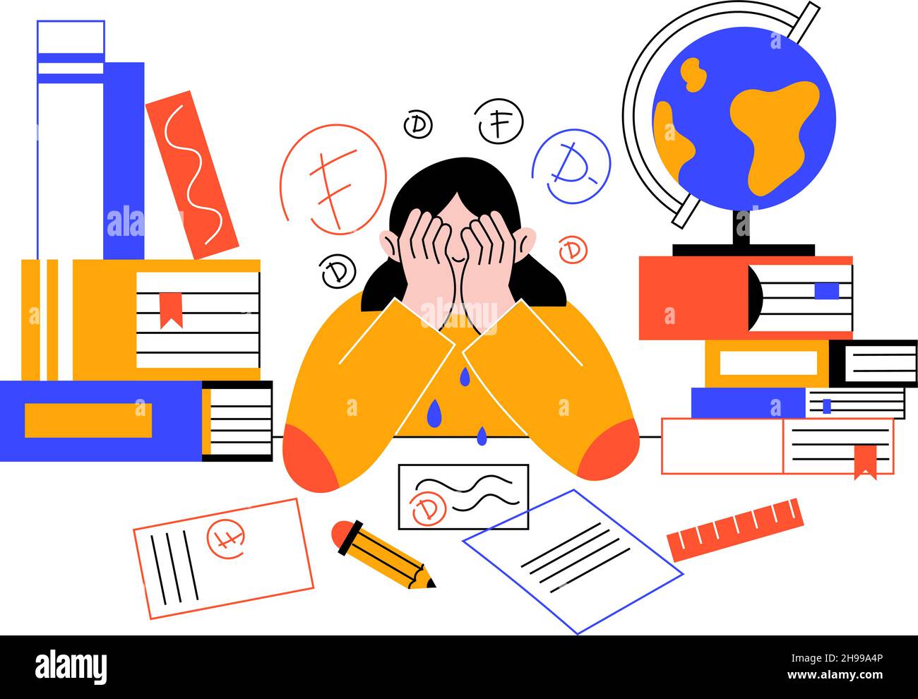 Teens problems. Tired unhappy student at lessons. Information excessive ...