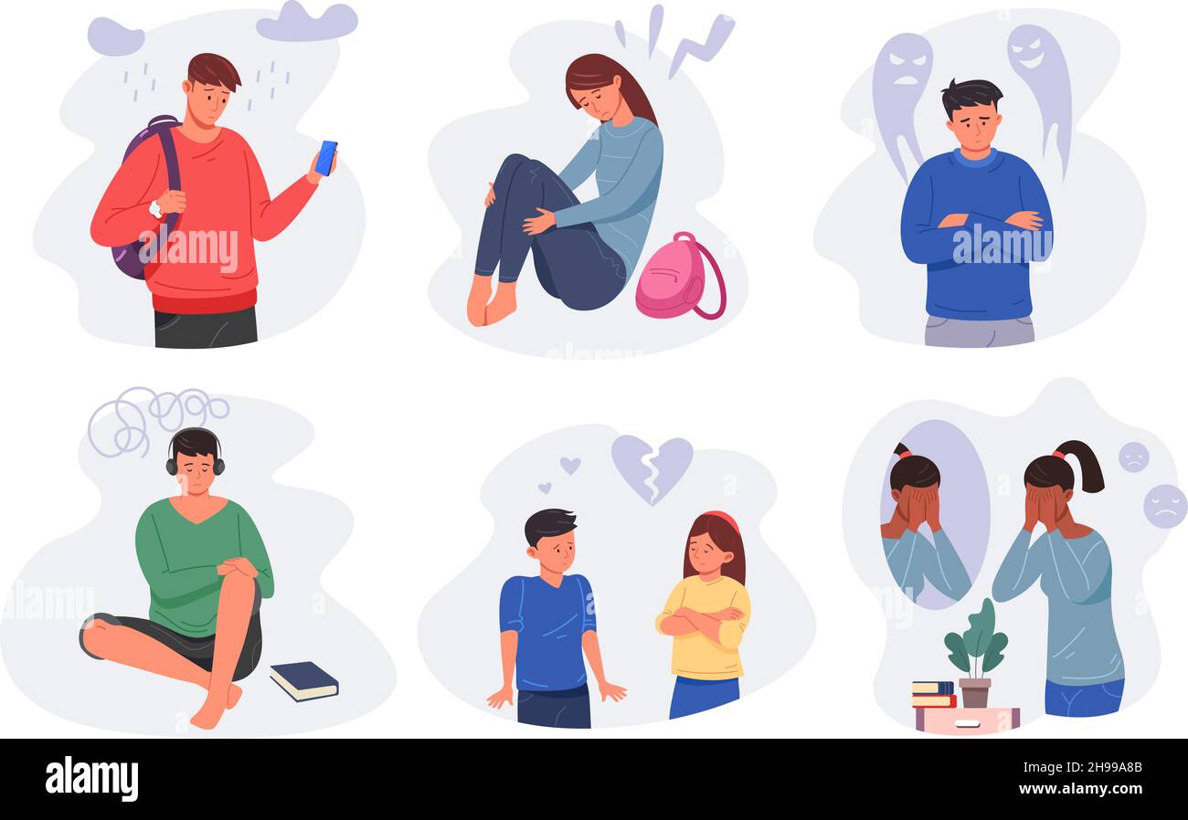 Depressed students. Sad emotions child school stress, lonely boy ...