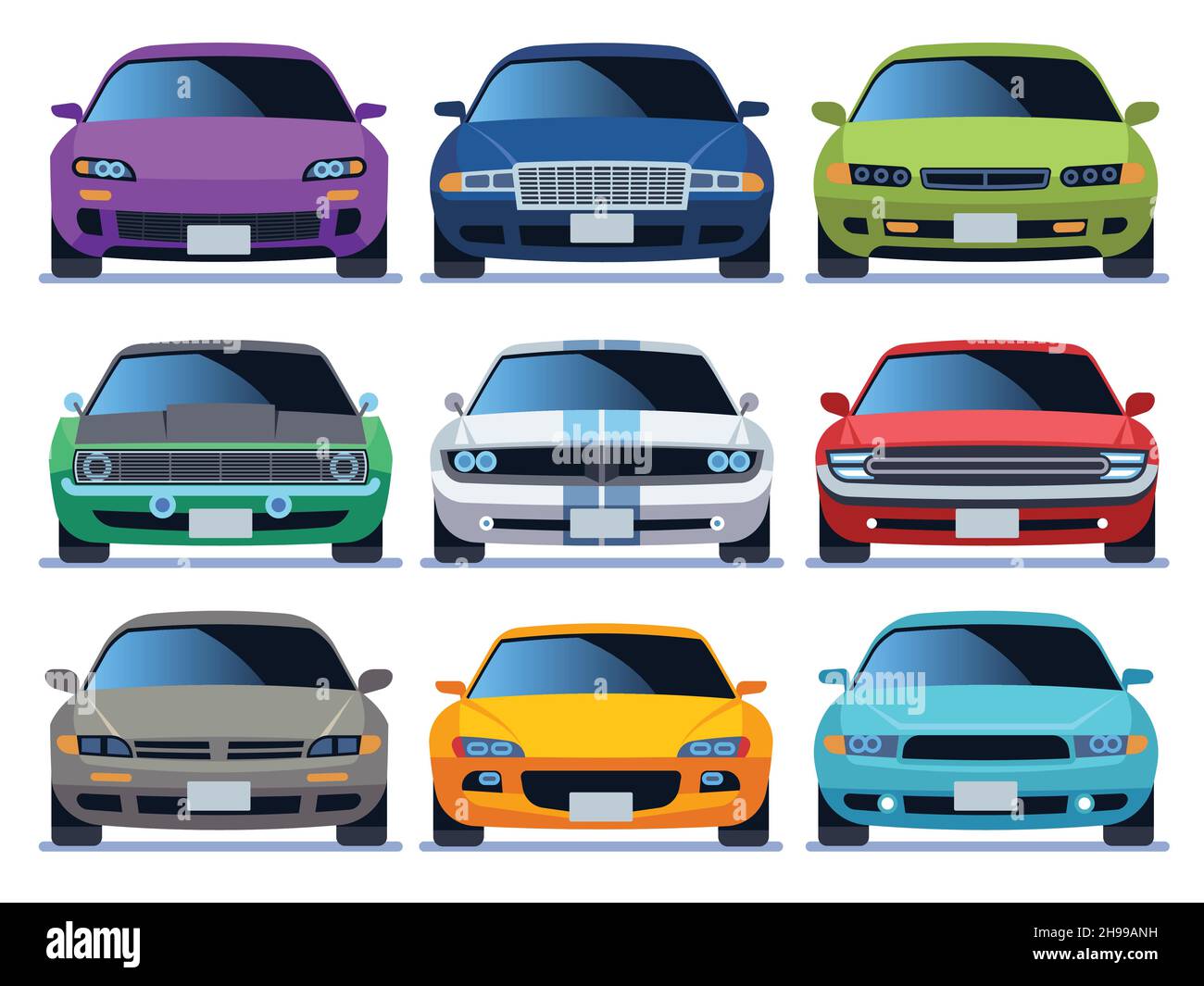 Car front view set. Urban traffic vehicle model cars icon transport ...