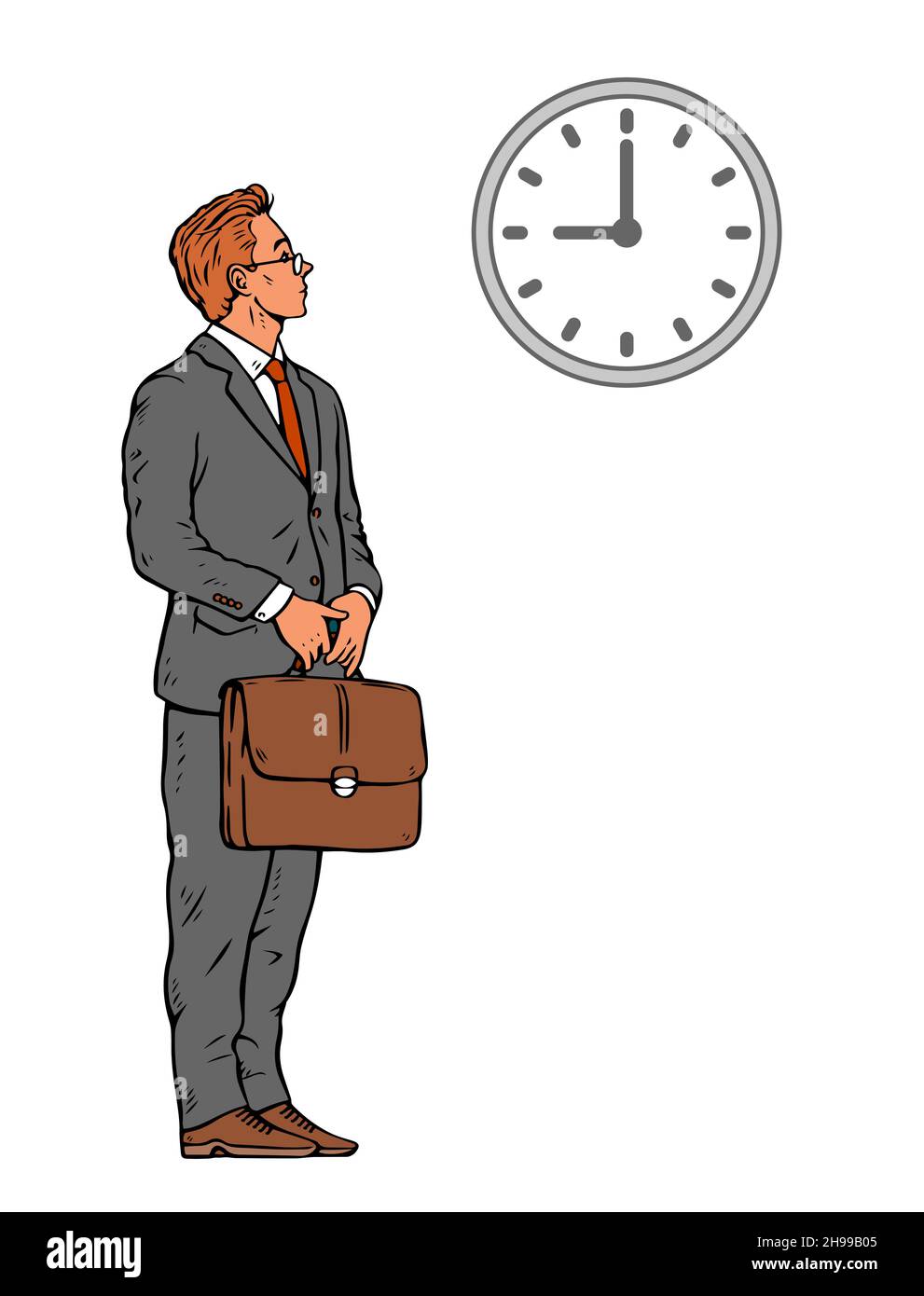 The young businessman is punctual in time. Standing in a business suit ...