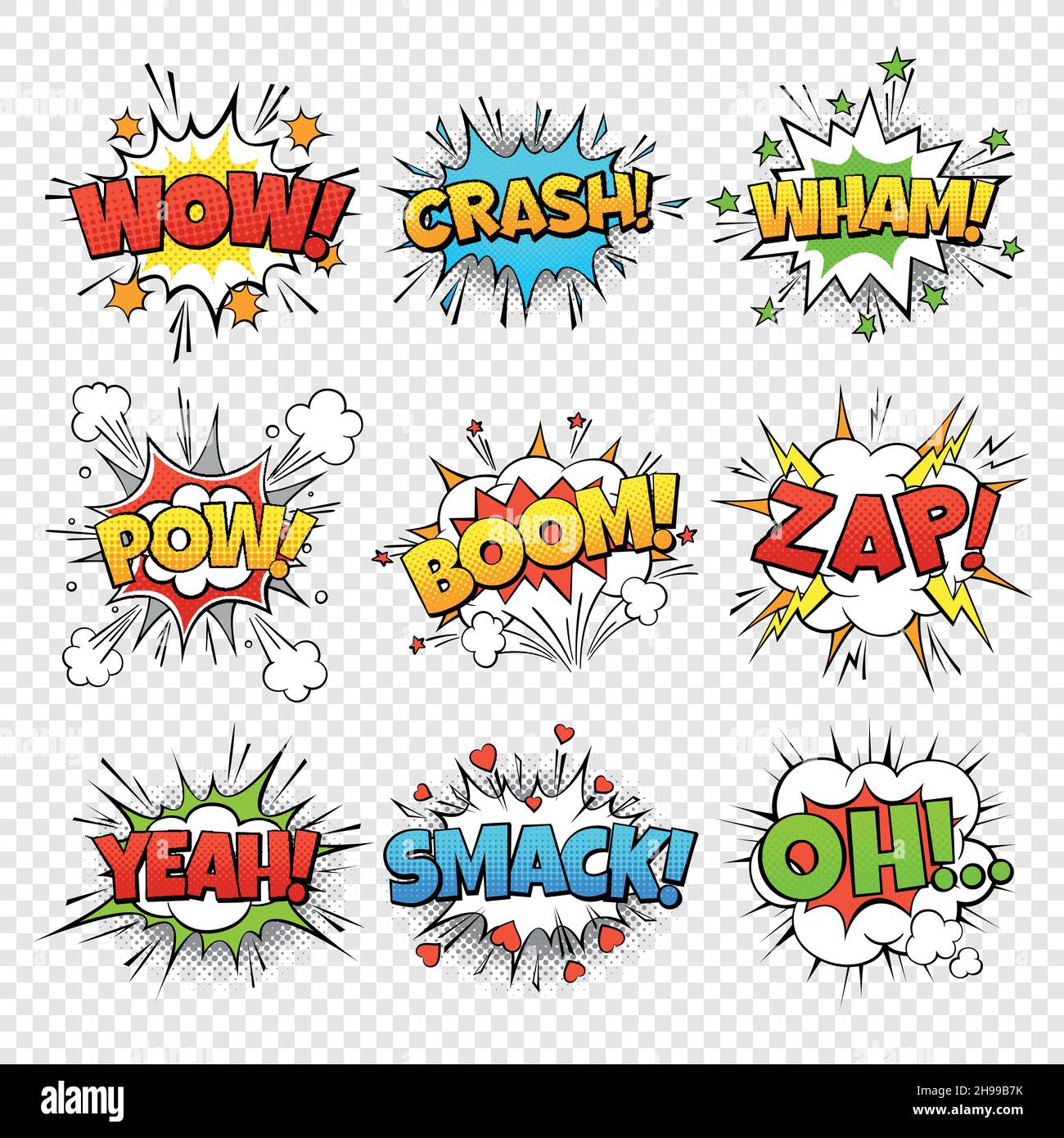 Comic bubbles. Funny comics words in speech bubble frames. Wow oops bang zap thinking clouds ...