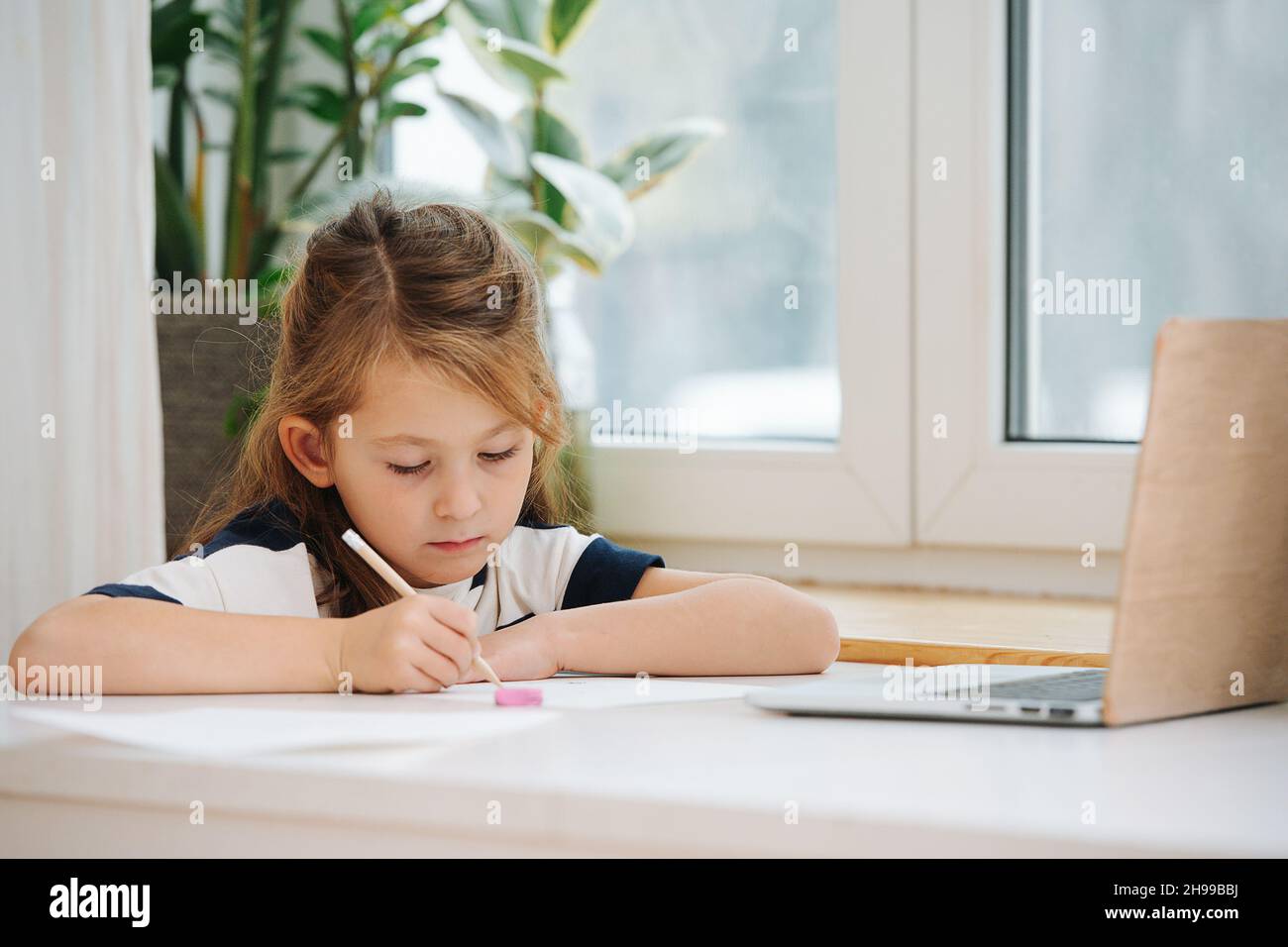 Diligent little girl sitting behing a big table next to a window ...