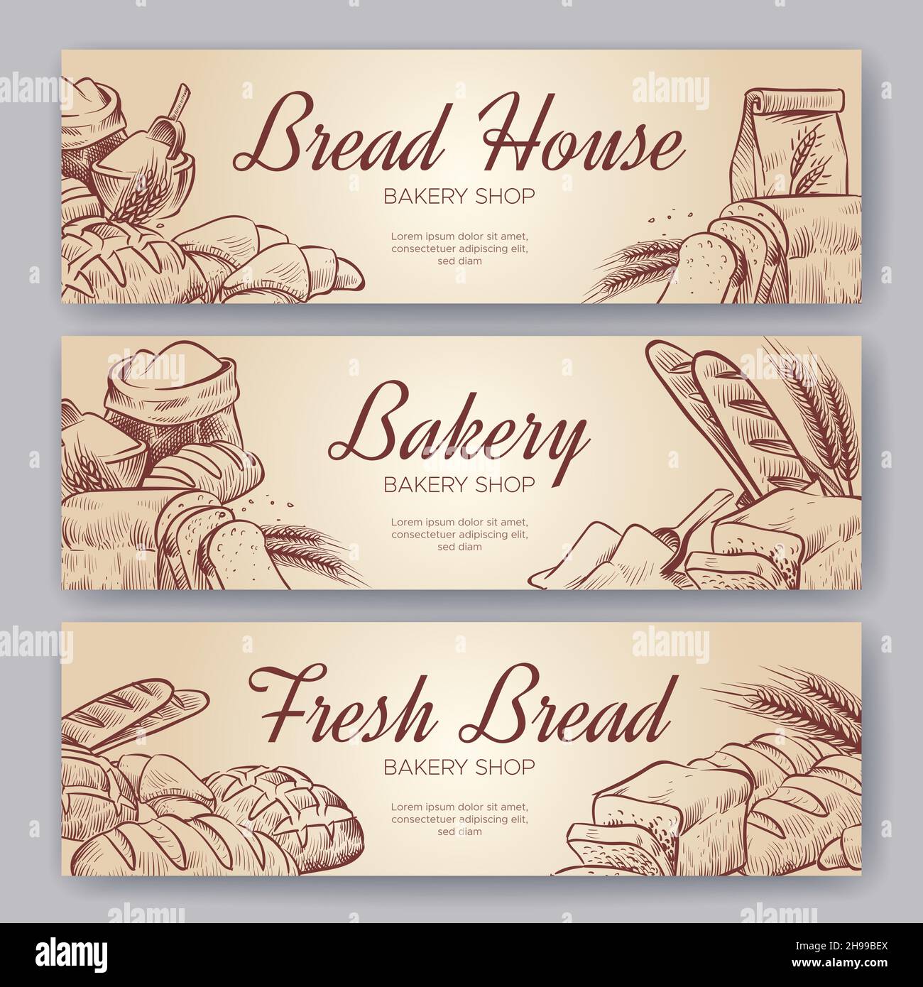 Bakery banners. Hand drawn cooking bread bakery bagel breads pastry rye ...