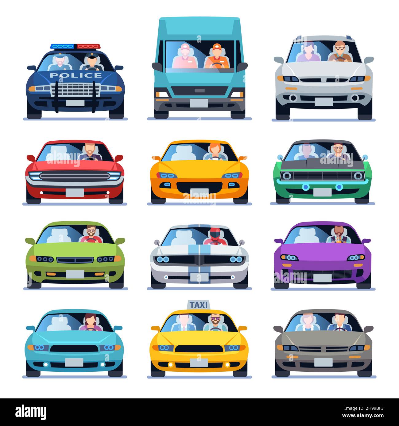 Car front view. Auto automotive people man woman child family urban ...