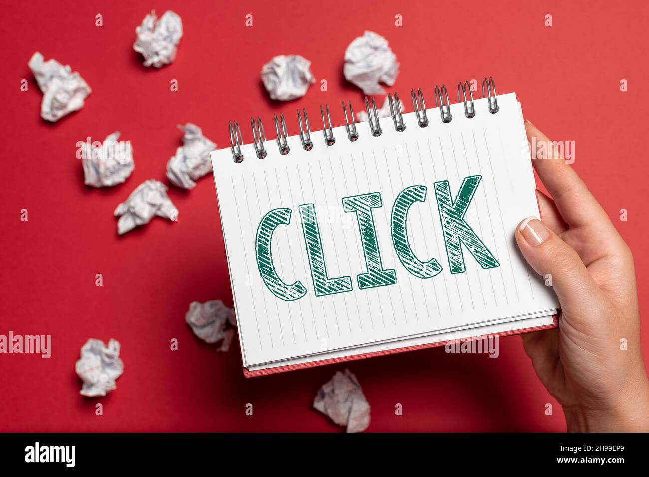 Hand writing sign Click. Concept meaning Act of pressing a button on a ...