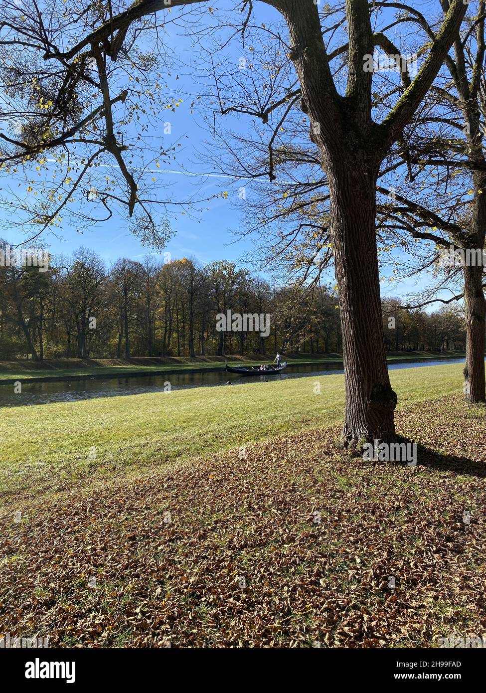 A vertical shot of a river flowing through greenery-covered shore Stock ...