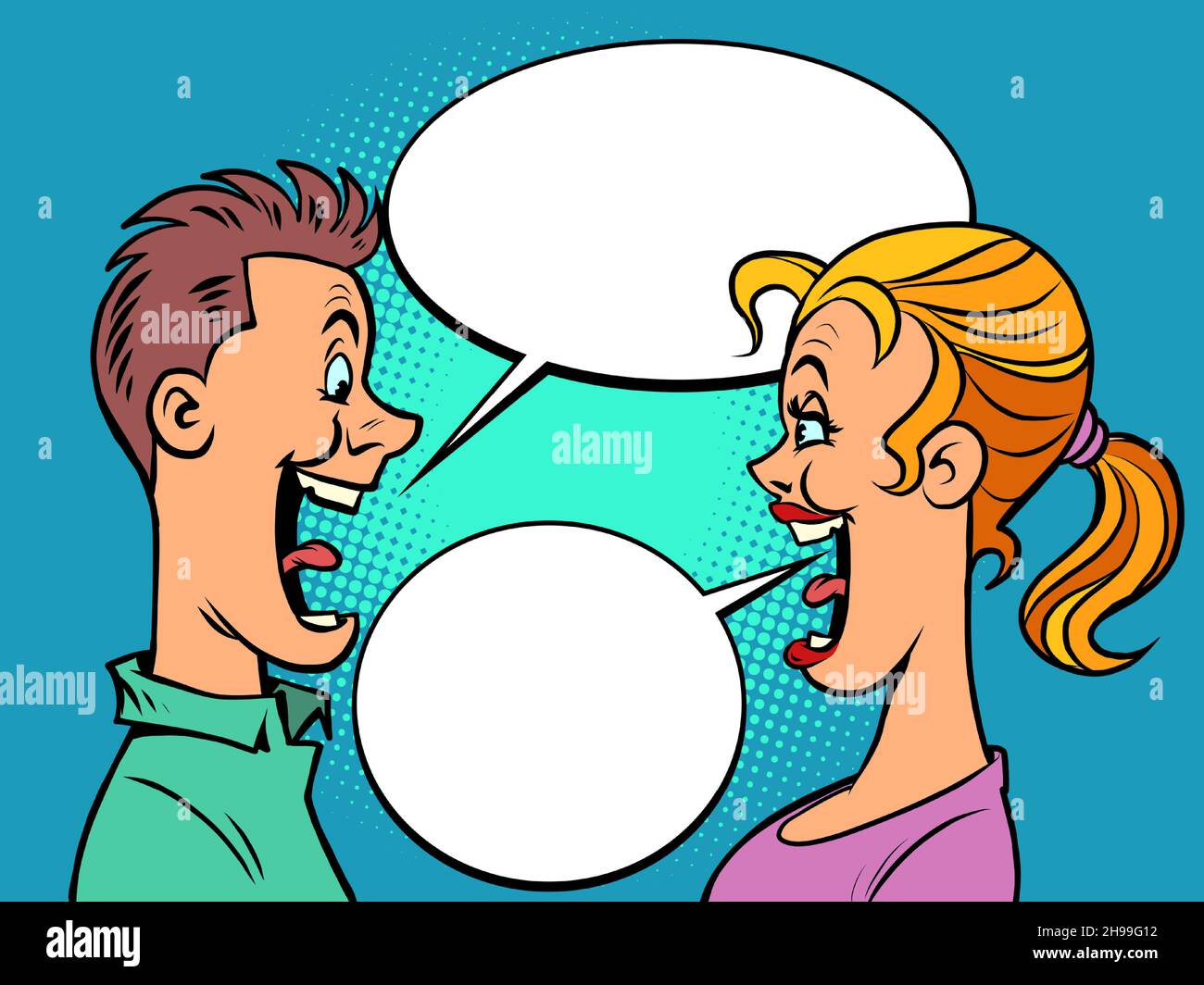 joyful communication of young man and woman, boyfriend and girlfriend ...