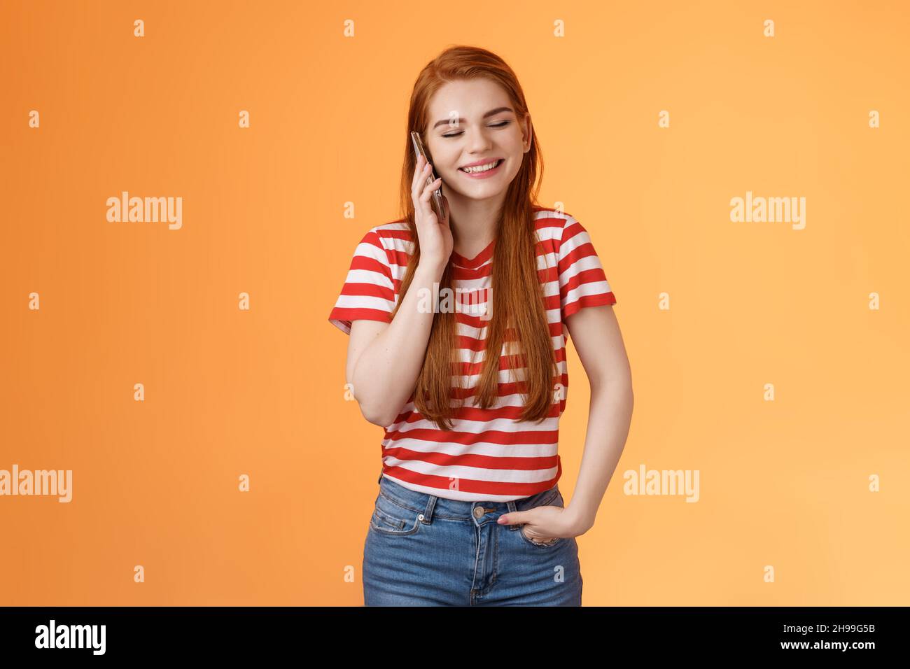 Friendly talkative good-looking redhead female chatting lively discuss ...