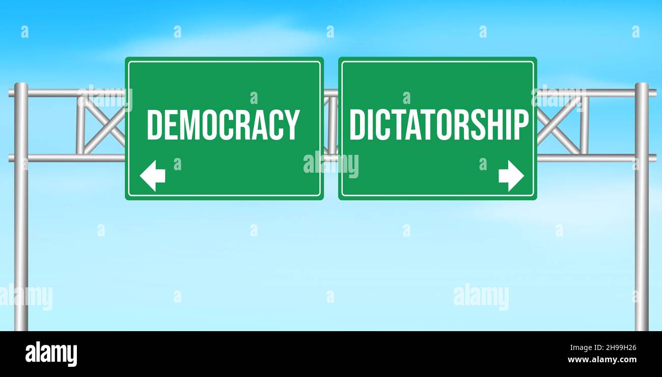 Democracy Vs Dictatorship Concept Background with 3D Signboards on the ...