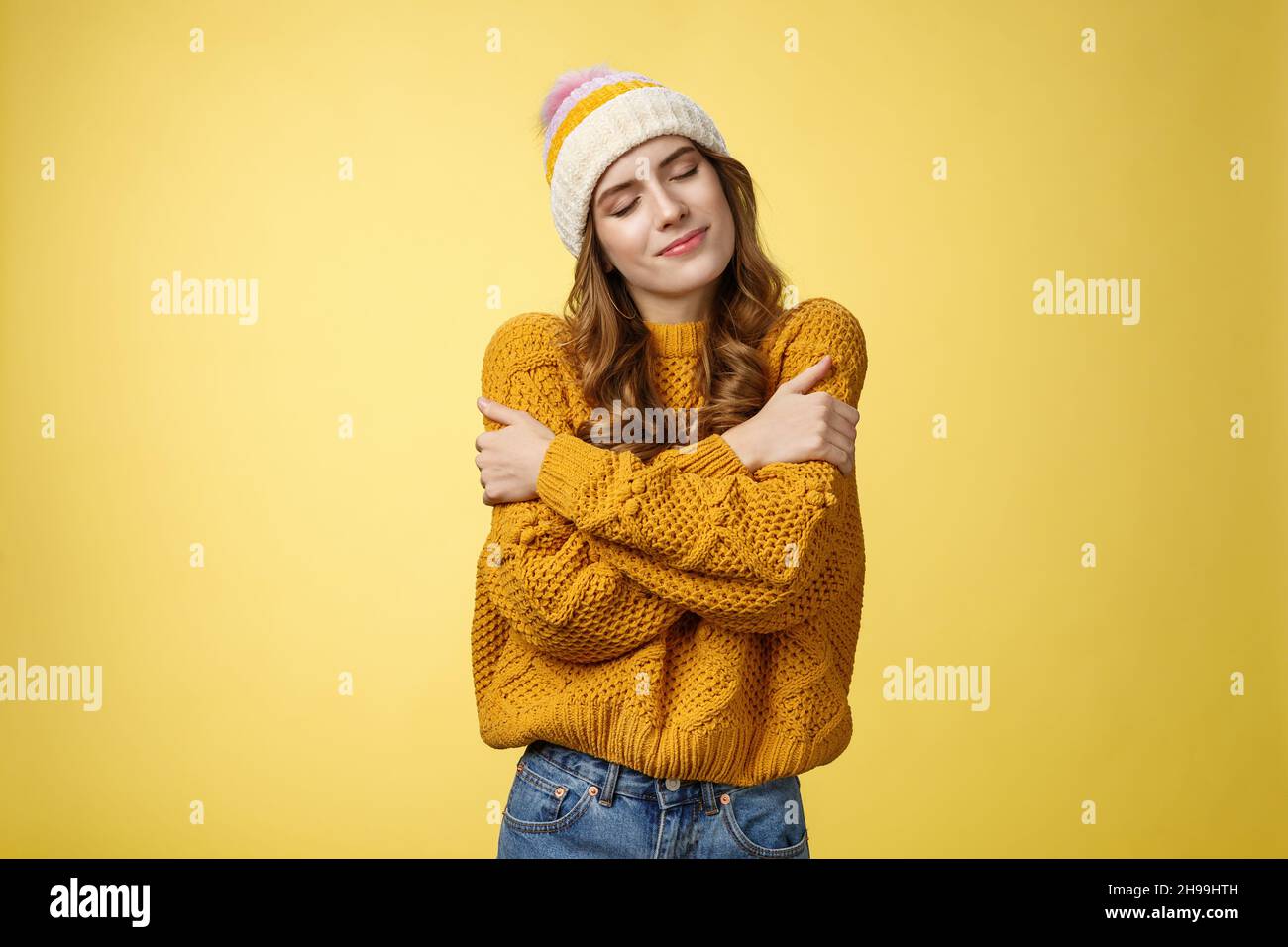 Tender sensual charming young girlfriend dreaming close eyes flirty ...