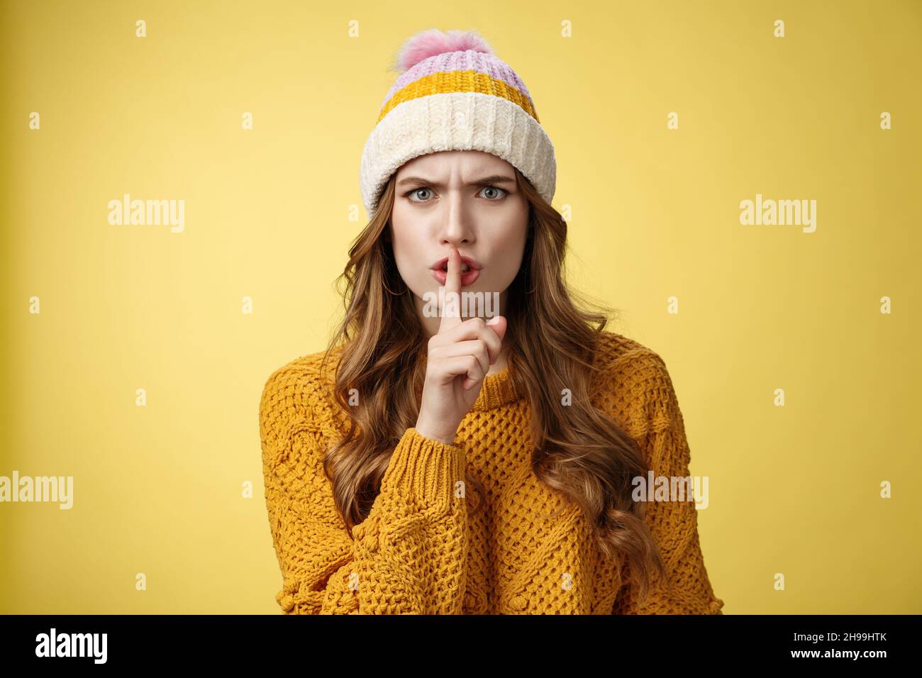Furious angry annoyed cute woman shushing you irritated loud talk ...