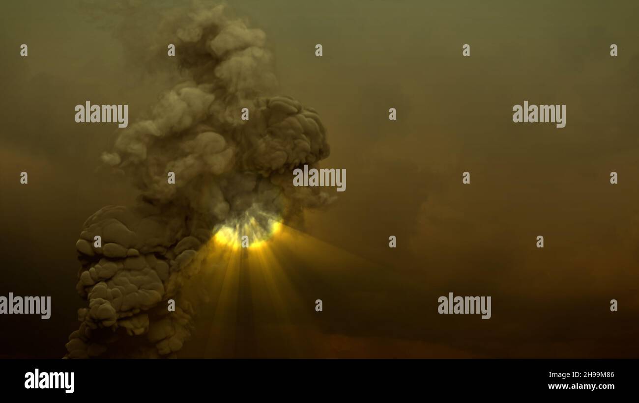 column of defilement smoke from urban fire on dirty sky with sun ...