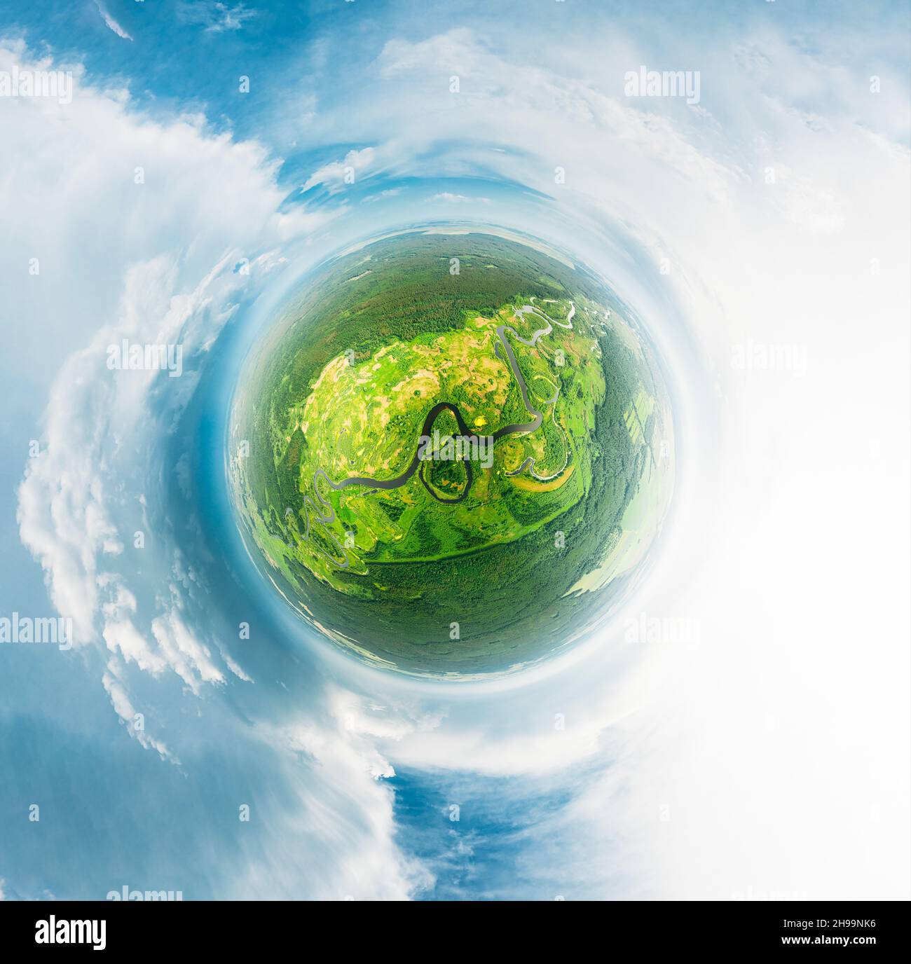 Aerial View Green Forest Woods And River Landscape In Sunny Summer Day ...