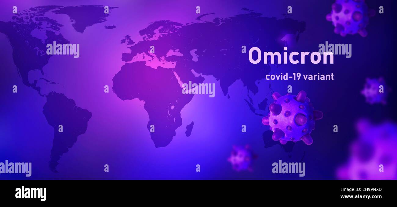 Omicron COVID-19 variant banner, 3d illustration. Microscopic view of ...