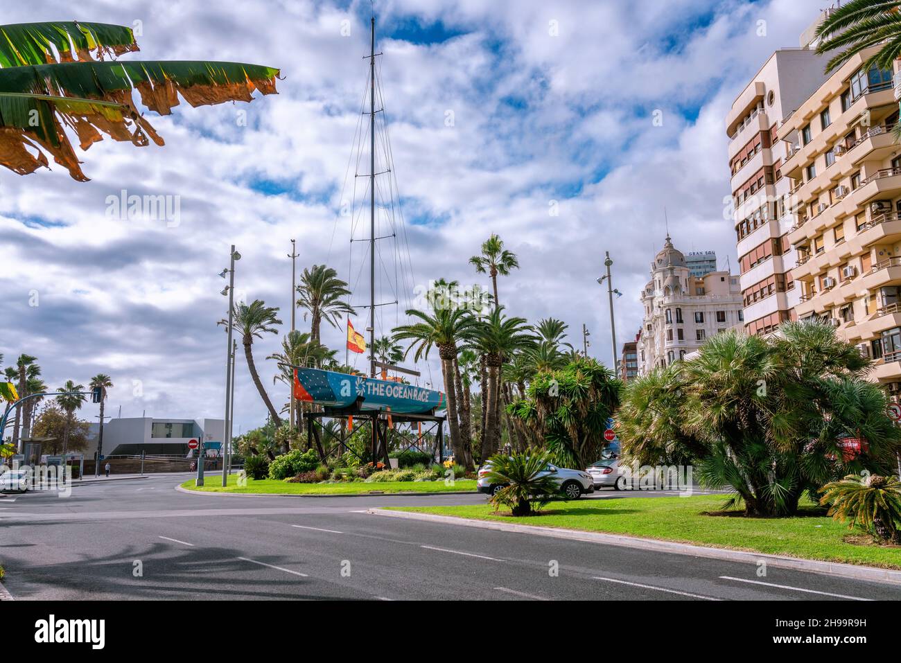 Ocean Race Sailboat monument on roundabout place, street in central ...