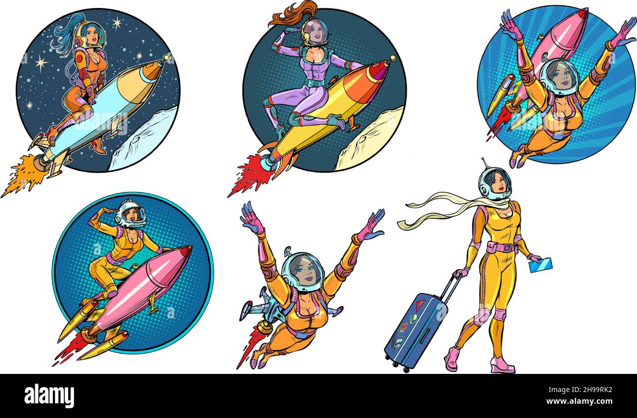 Set of female astronaut. A woman on a rocket, space tourism Stock ...