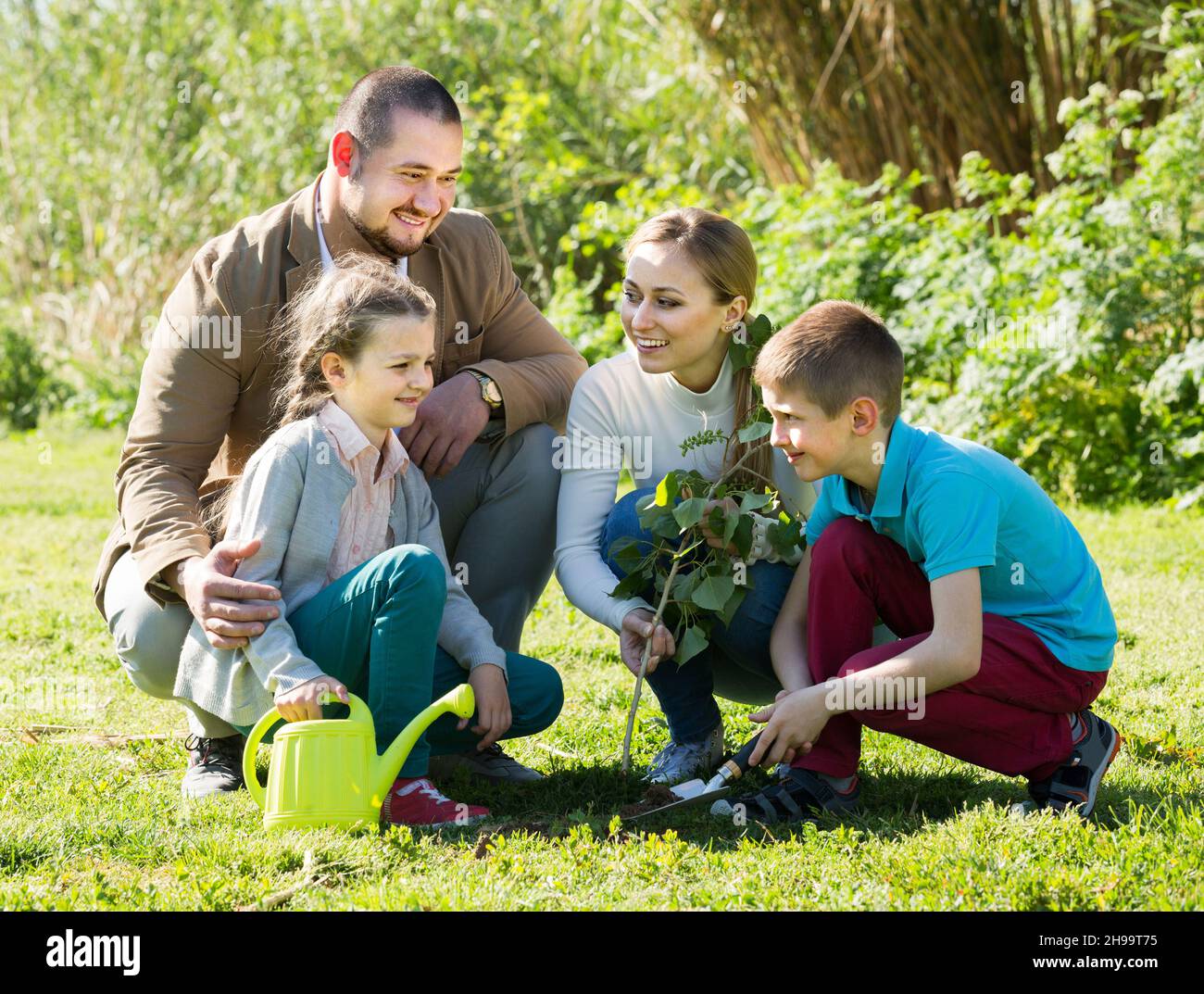 family planting tree outdoors Stock Photo - Alamy