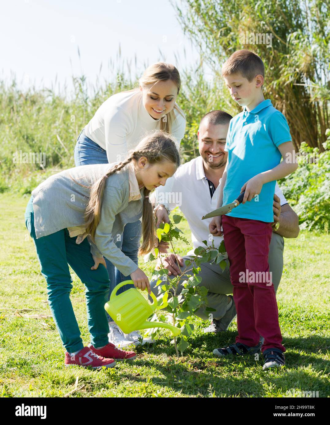 Parents with two kids planting a bush Stock Photo - Alamy