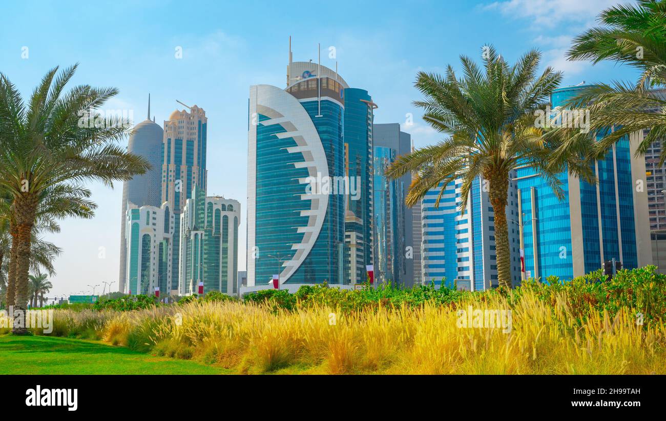 Beautiful doha city with many landmark towers , view from the corniche ...
