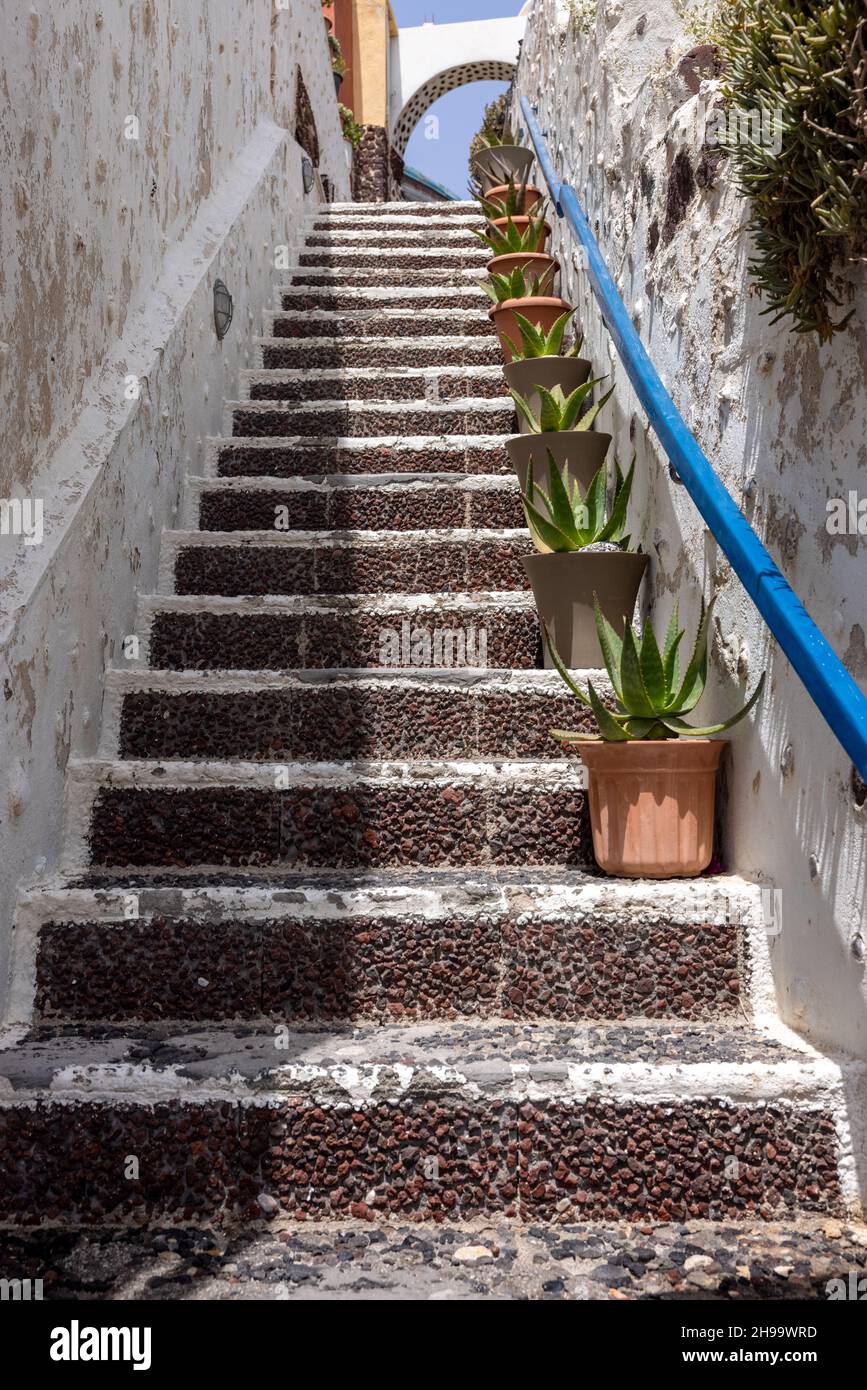 Narrow stone steps in Red beach on the south coast of Santorini island ...