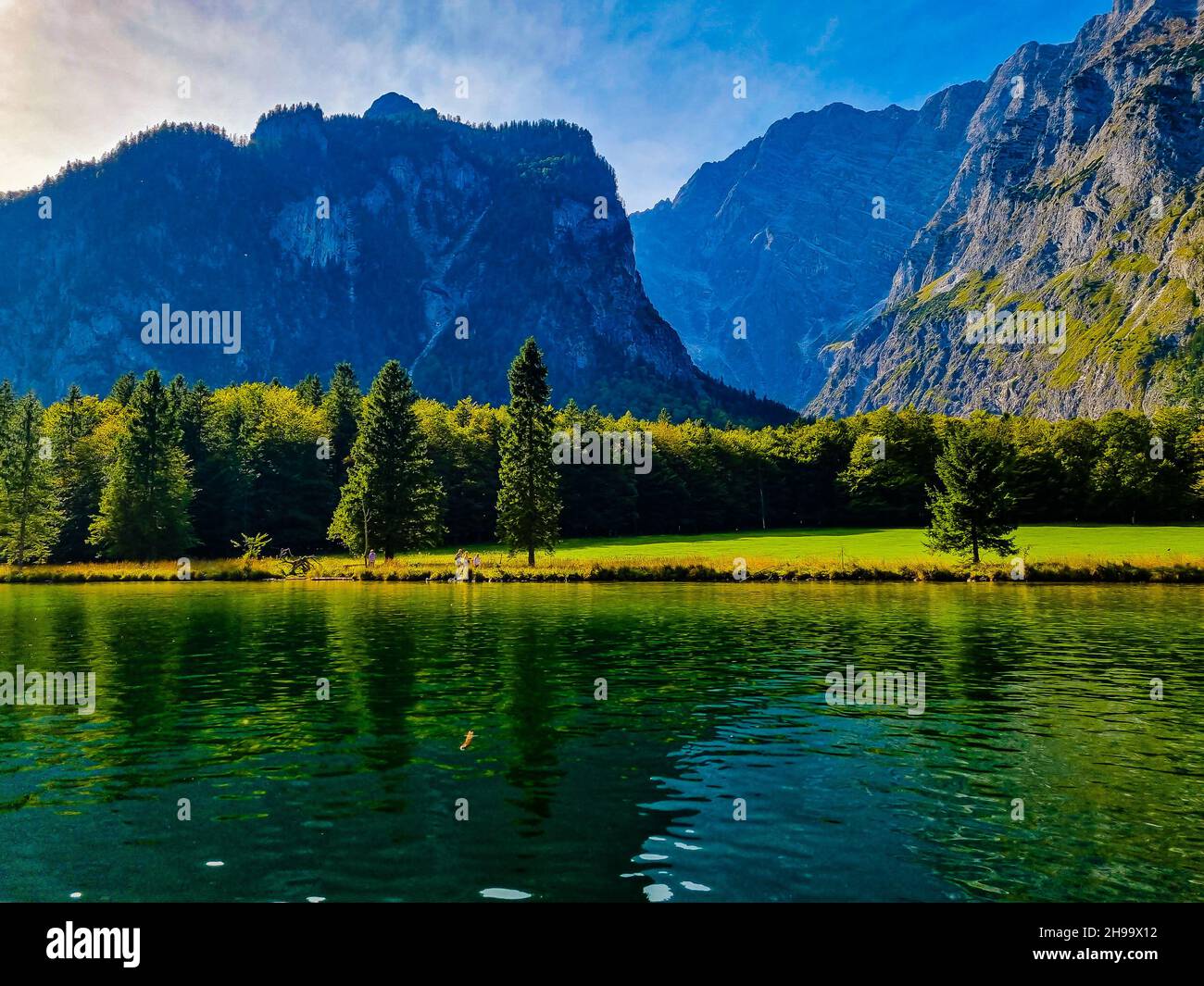 Koenigsee lake in Berchtesgadener valley eith Simetsberg mountain in ...