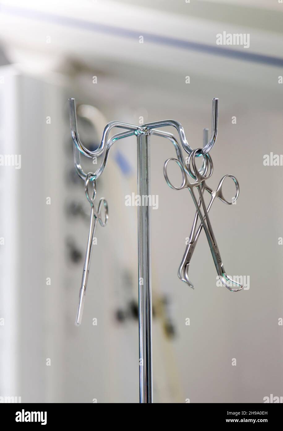 Instruments on a metal stand in an operating theatre in a new hospital ...