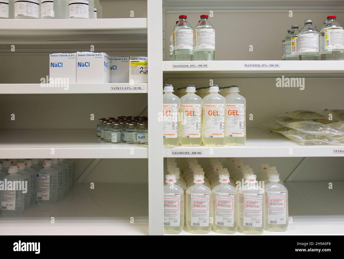 Modern hospital storage facilities, shelves of products for treatment ...