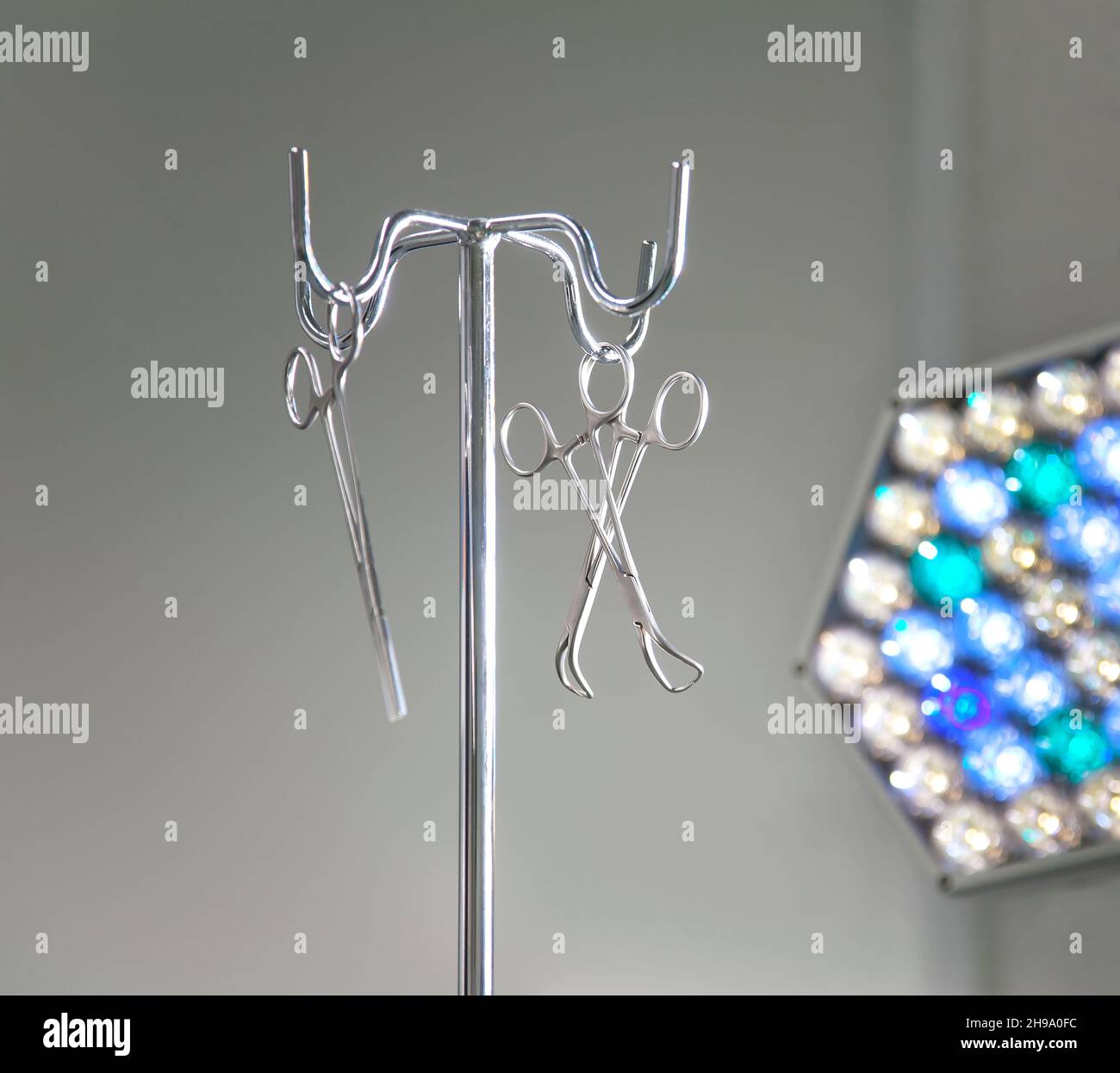 Instruments on a metal stand in an operating theatre in a new hospital ...