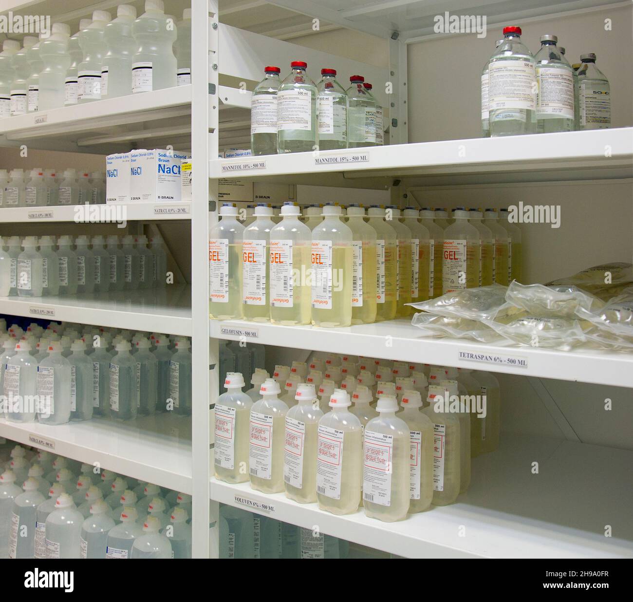 Modern hospital storage facilities, shelves of products for treatment ...