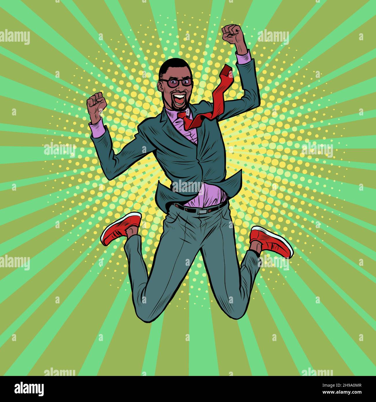 black Businessman jump of joy, victory. Successful dent. Man in a ...
