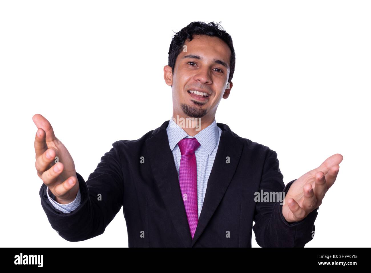 Very happy businessman with open arms, isolated on white background ...
