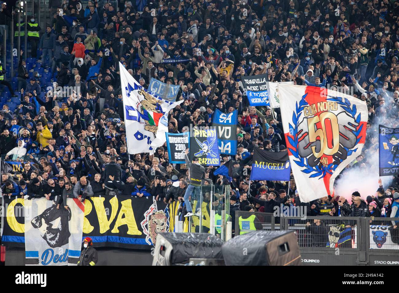 Roma fans in the stands at the stadio olimpico hi-res stock photography ...