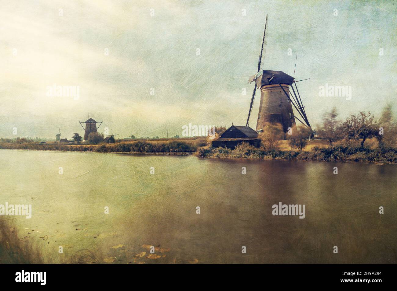 Dutch windmill in holland, Kinderdijk. Multicolored texture painting ...