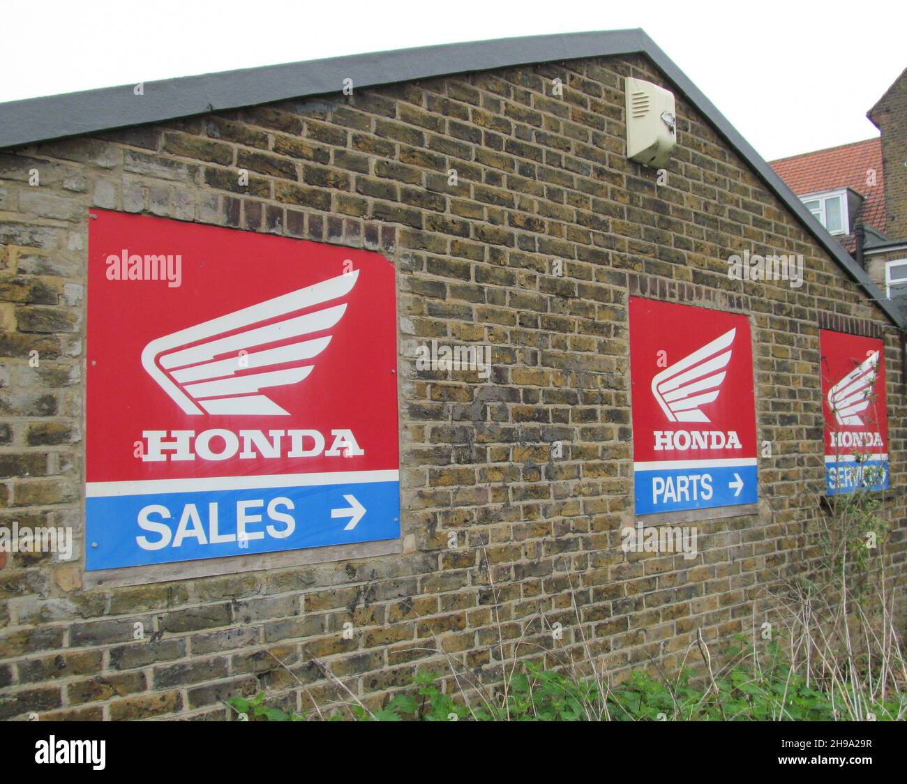 LONDON, UNITED KINGDOM - Apr 11, 2018: The old Honda motorbike signs on ...