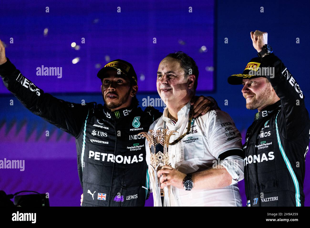 The podium (L to R): Lewis Hamilton (GBR) Mercedes AMG F1, race winner ...