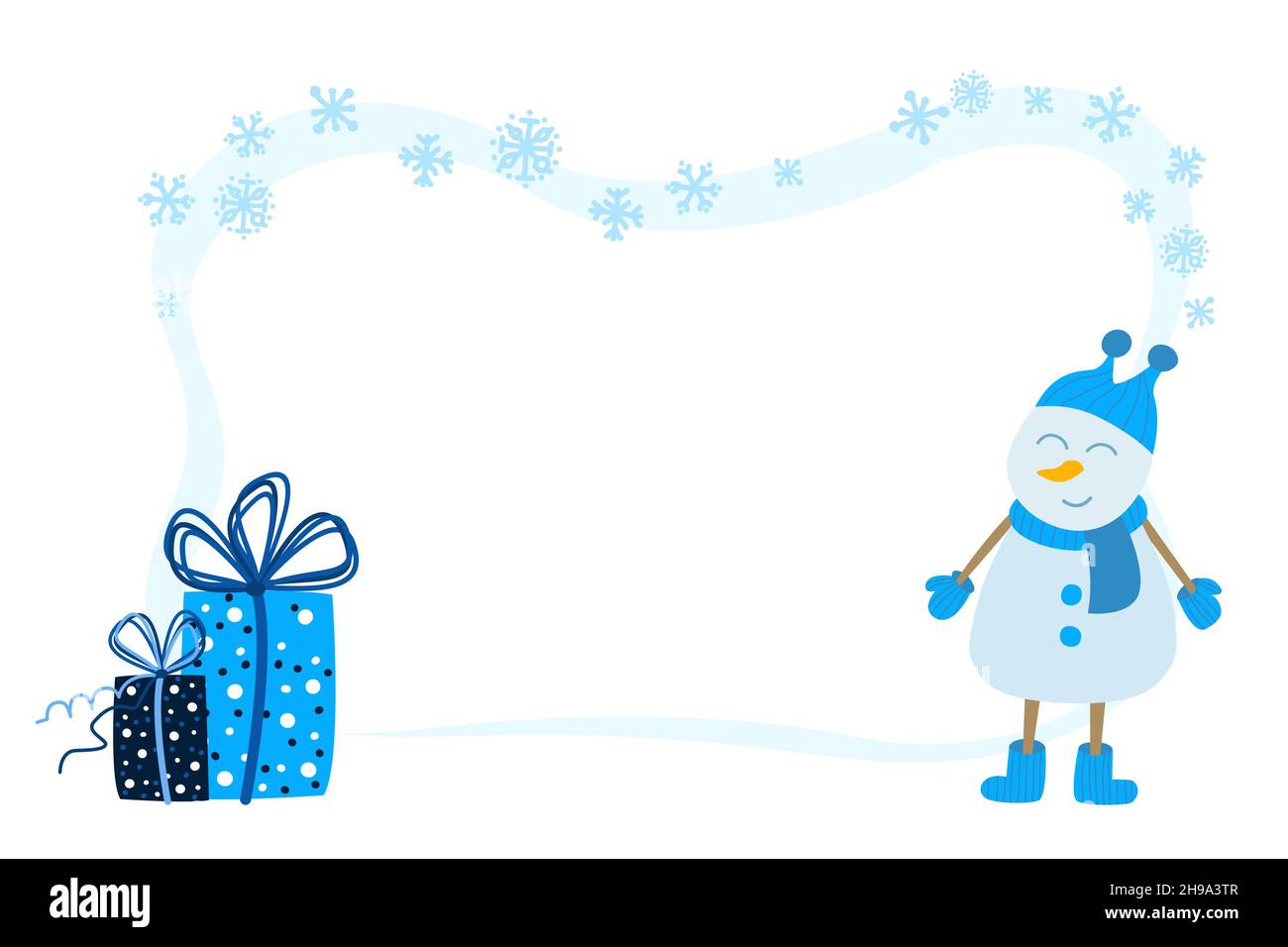 Greeting card template with snowman and gift box. Vector new year ...