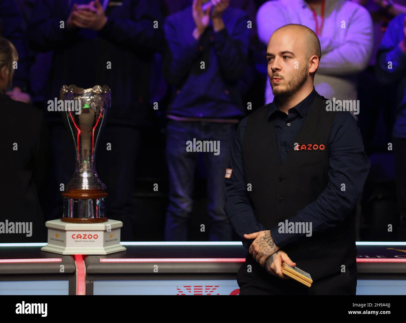 Luca Brecel reacts after placing second in the Cazoo UK Championship at ...