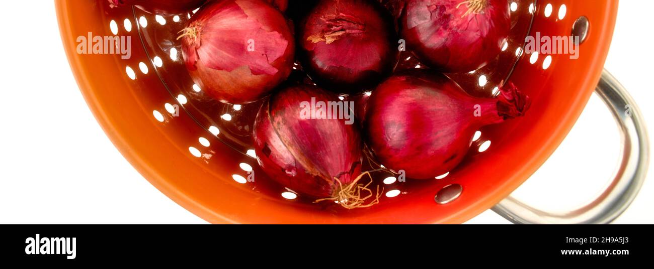 Close-up food still life with Red Onions rolling out of a red collinder ...